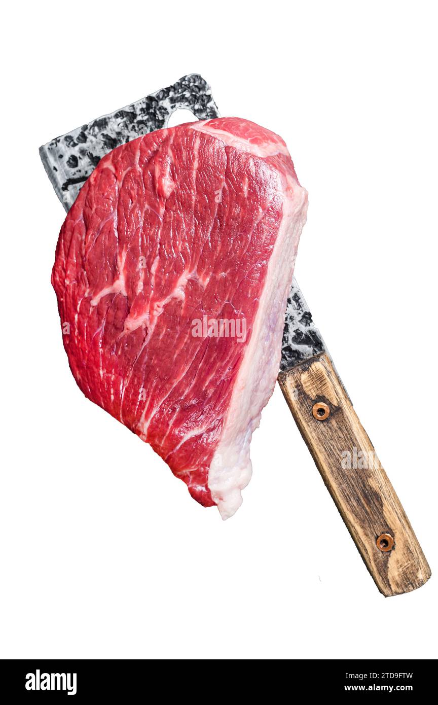 Fresh Raw rump beef cut or top sirloin cap steak on butcher cleaver ...