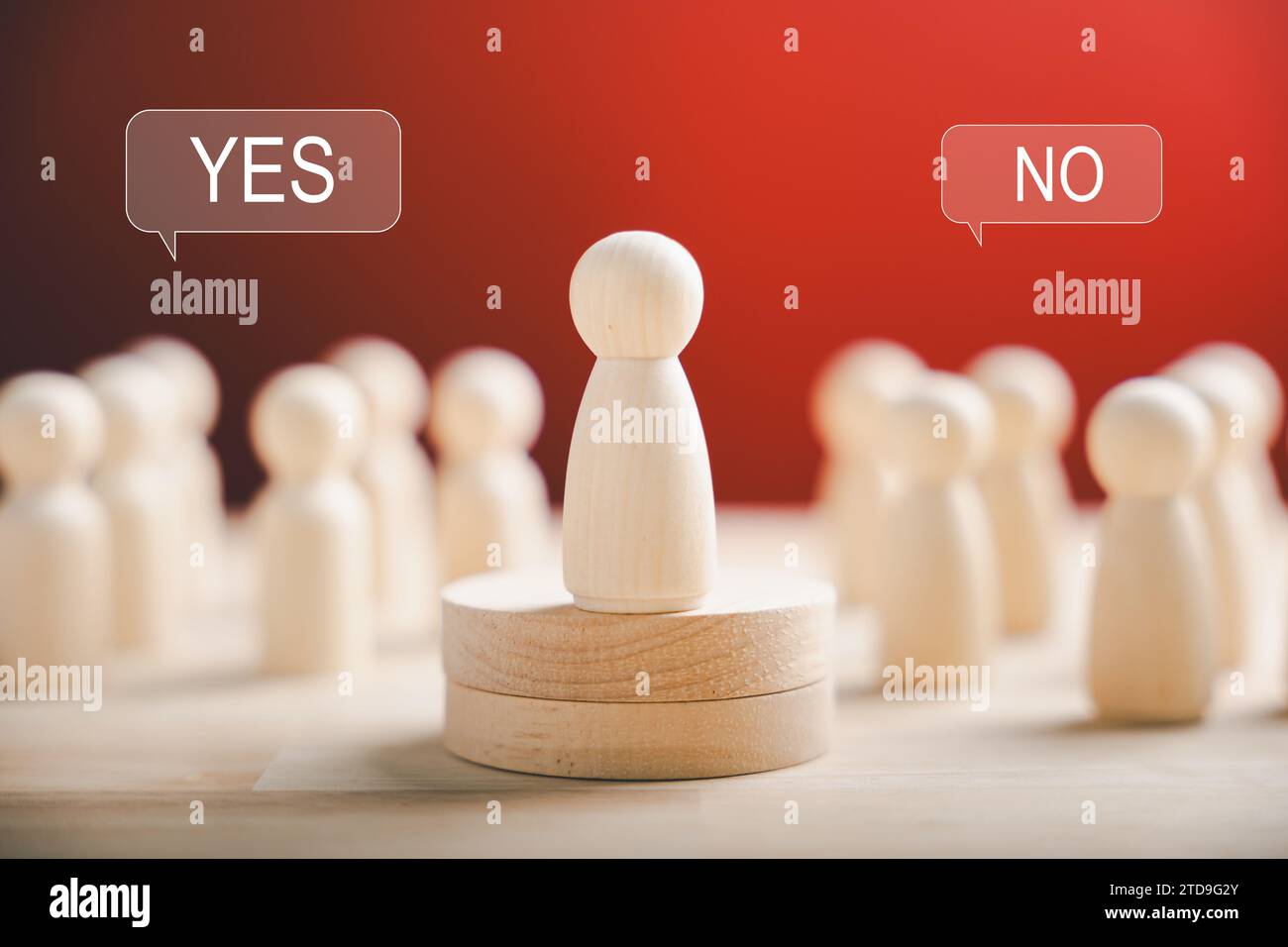 Wooden peg dolls on cube show yes or no symbols. Illustrates open ...