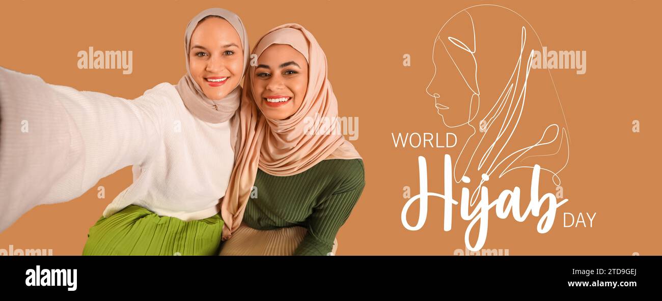 Banner for World Hijab Day with beautiful Muslim women taking selfie ...
