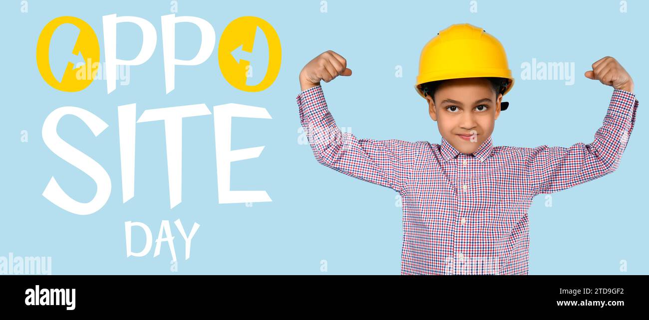 Banner for Opposite Day with little worker on light blue background ...