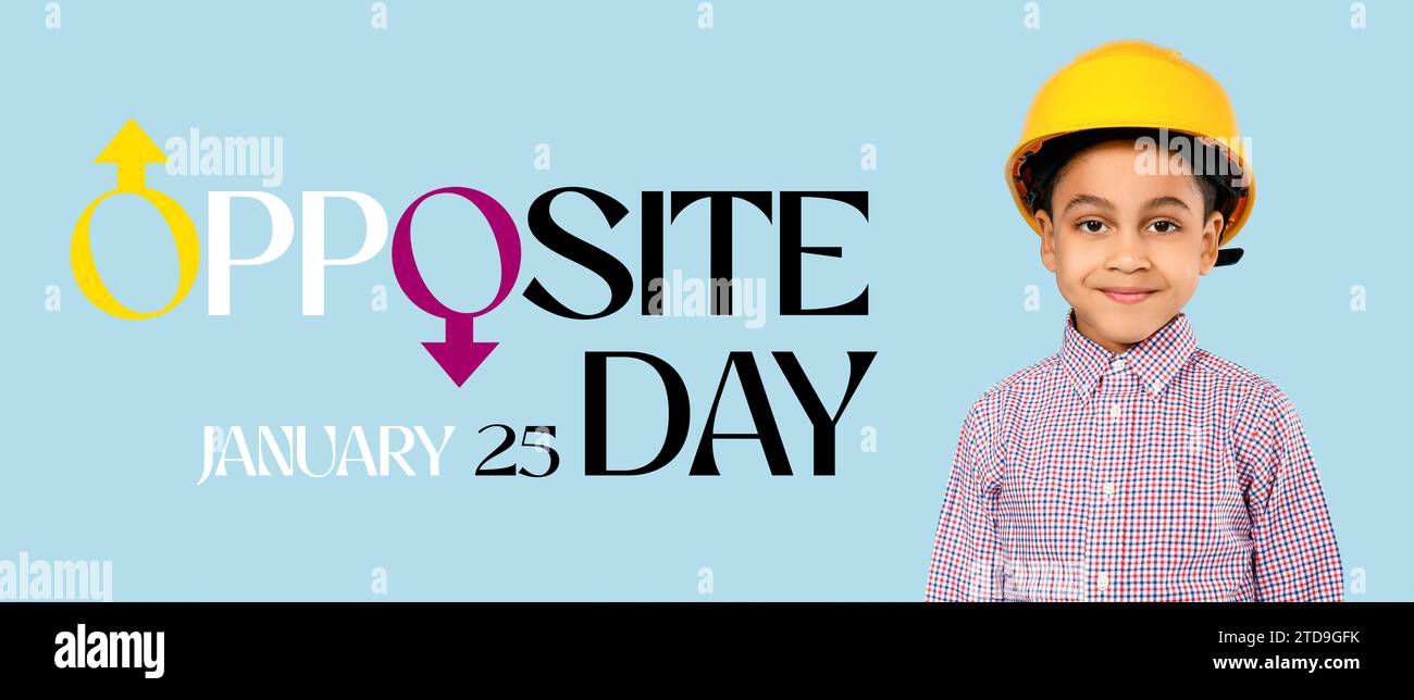 Banner for Opposite Day with little worker on light blue background ...