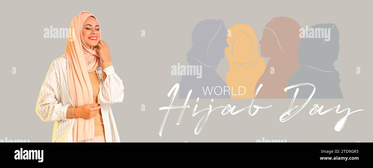 Banner for World Hijab Day with beautiful Muslim woman Stock Photo - Alamy