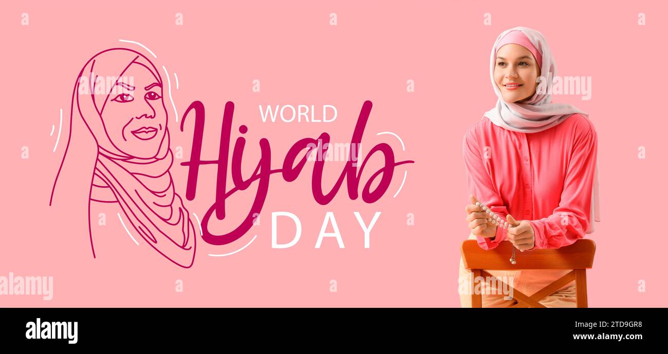 Banner for World Hijab Day with pretty Muslim woman Stock Photo - Alamy