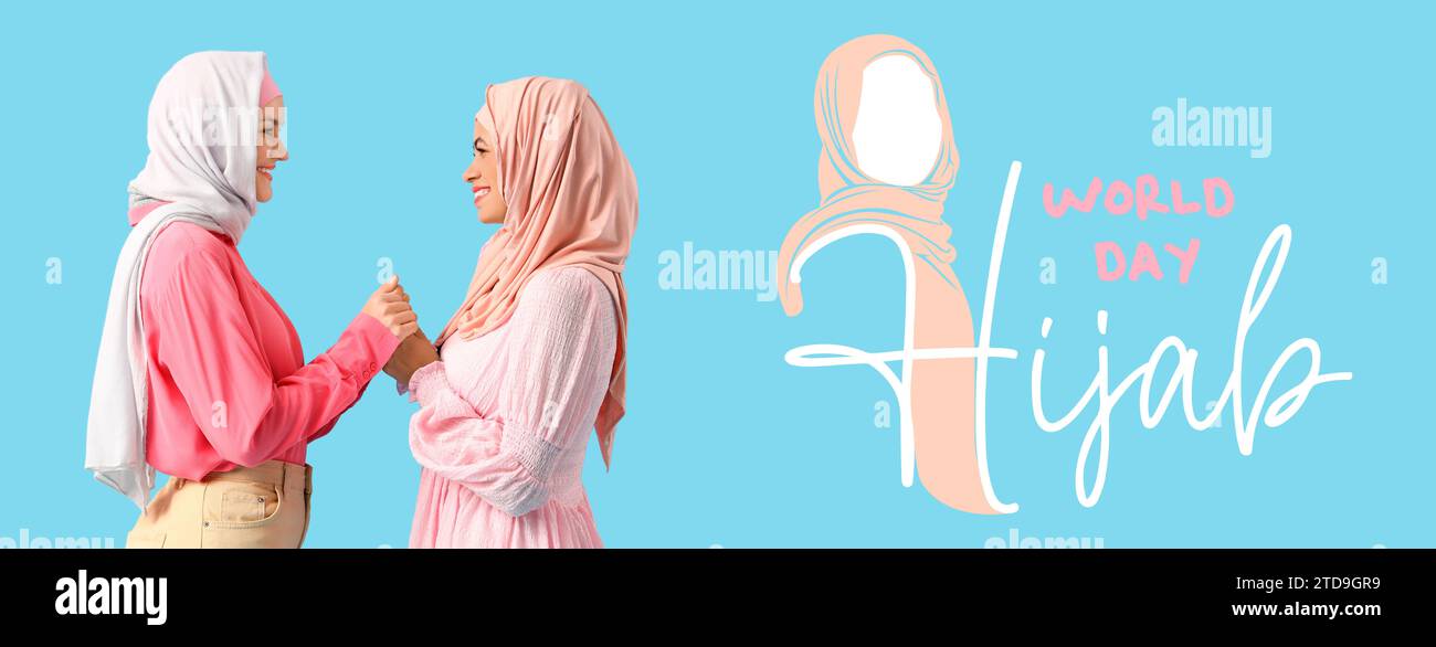 Banner for World Hijab Day with happy Muslim women holding hands Stock ...