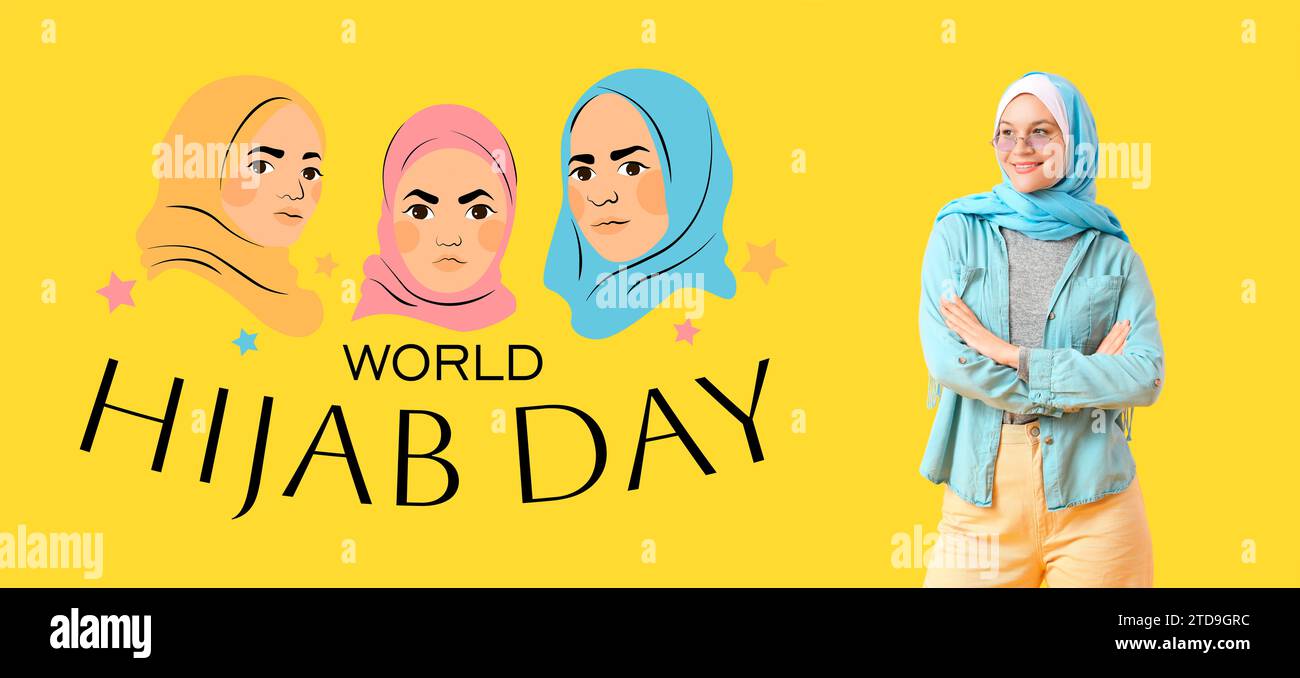 Banner for World Hijab Day with Muslim woman Stock Photo - Alamy