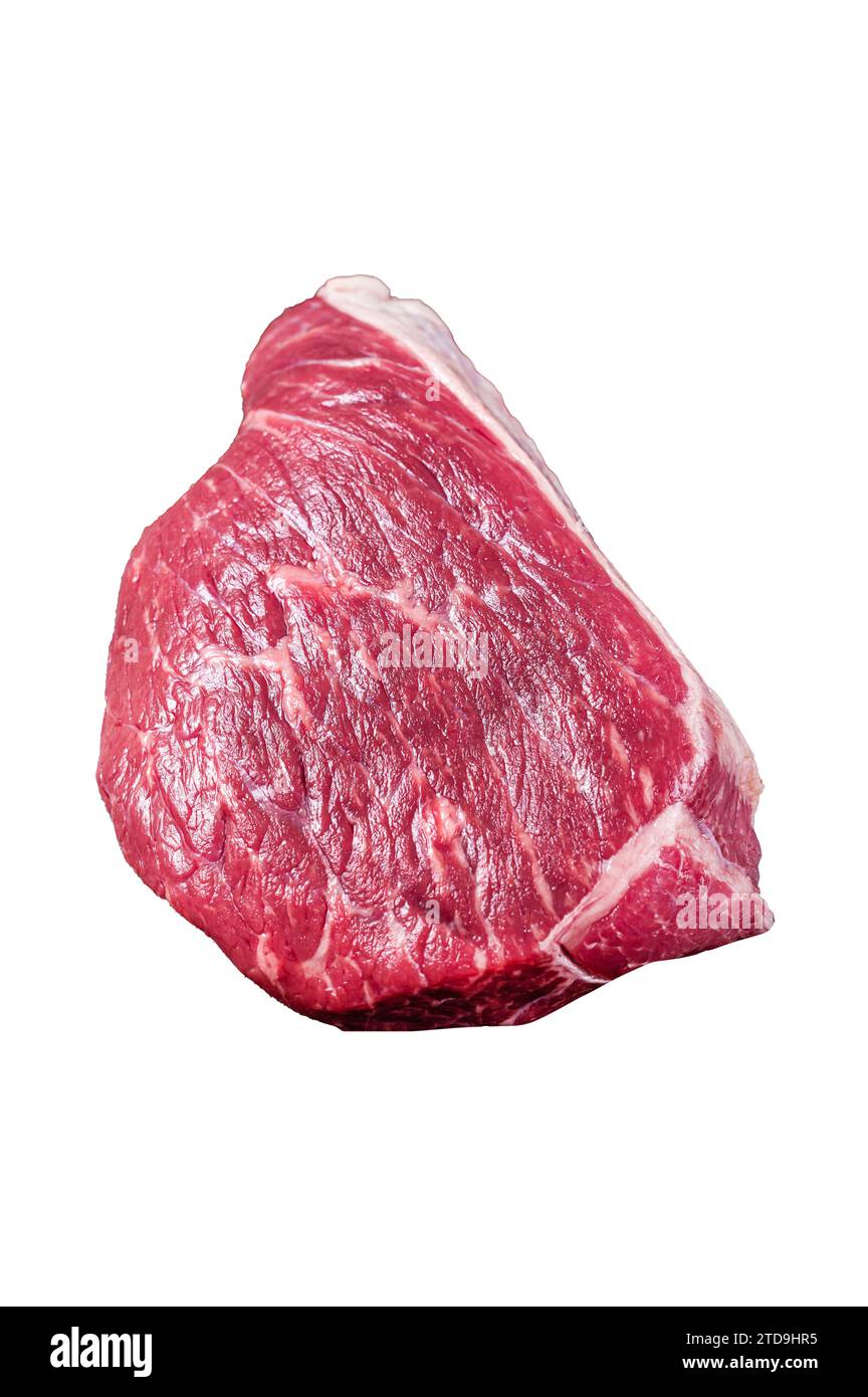 Raw rump beef cut or top sirloin meat steak on butcher table. Isolated ...