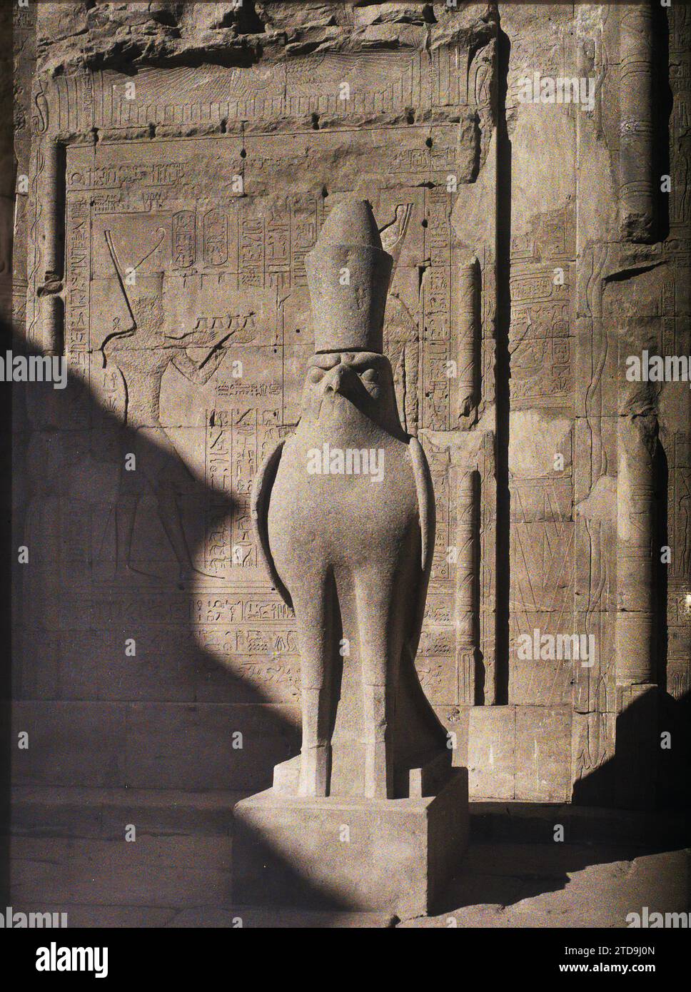 Edfu, Egypt, Africa Statue of falcon at the door of the pronaos ...