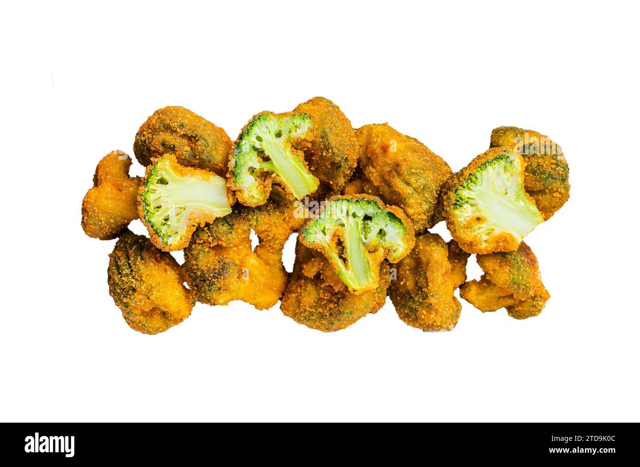 Baked Breaded broccoli on a wooden board with herbs. Isolated on white ...