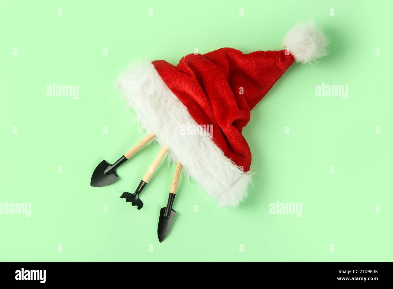 Santa hat with gardening tools on color background Stock Photo - Alamy