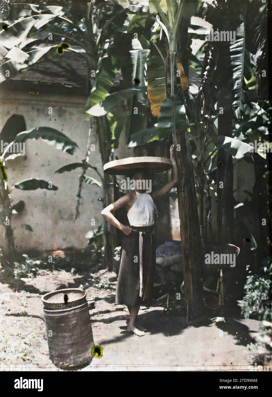 Tonkin, Indochina A young girl in a corner of a courtyard planted with ...