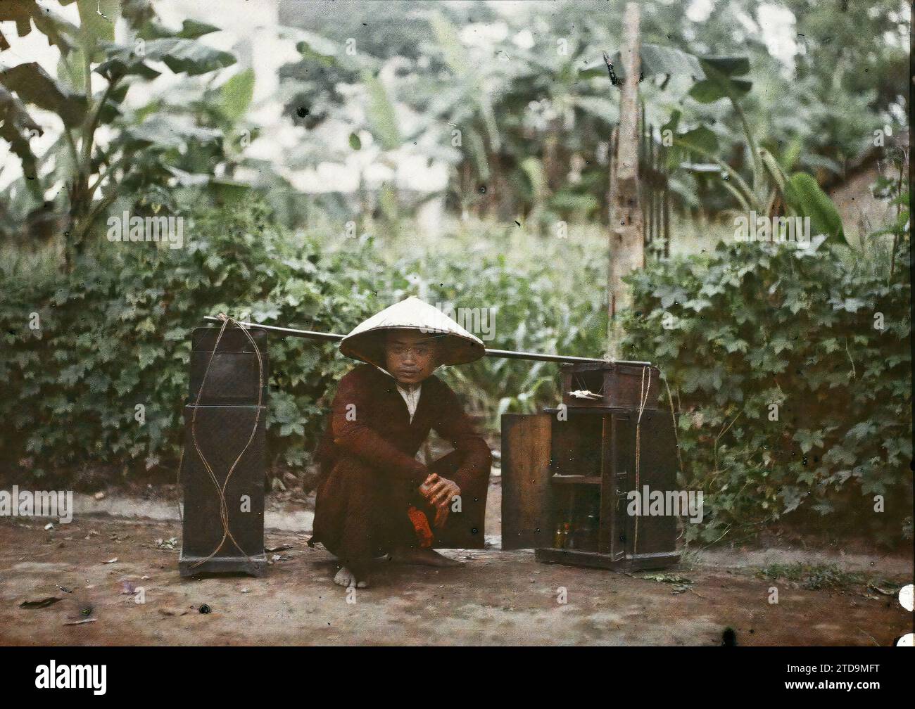 Tonkin, Indochina A pole bearer at rest, Clothing, Transport, Human ...