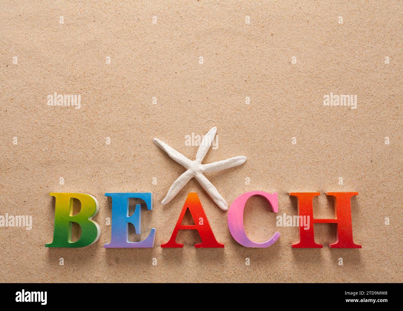 top view of beach written in colorful letters decorate with shellfish ...