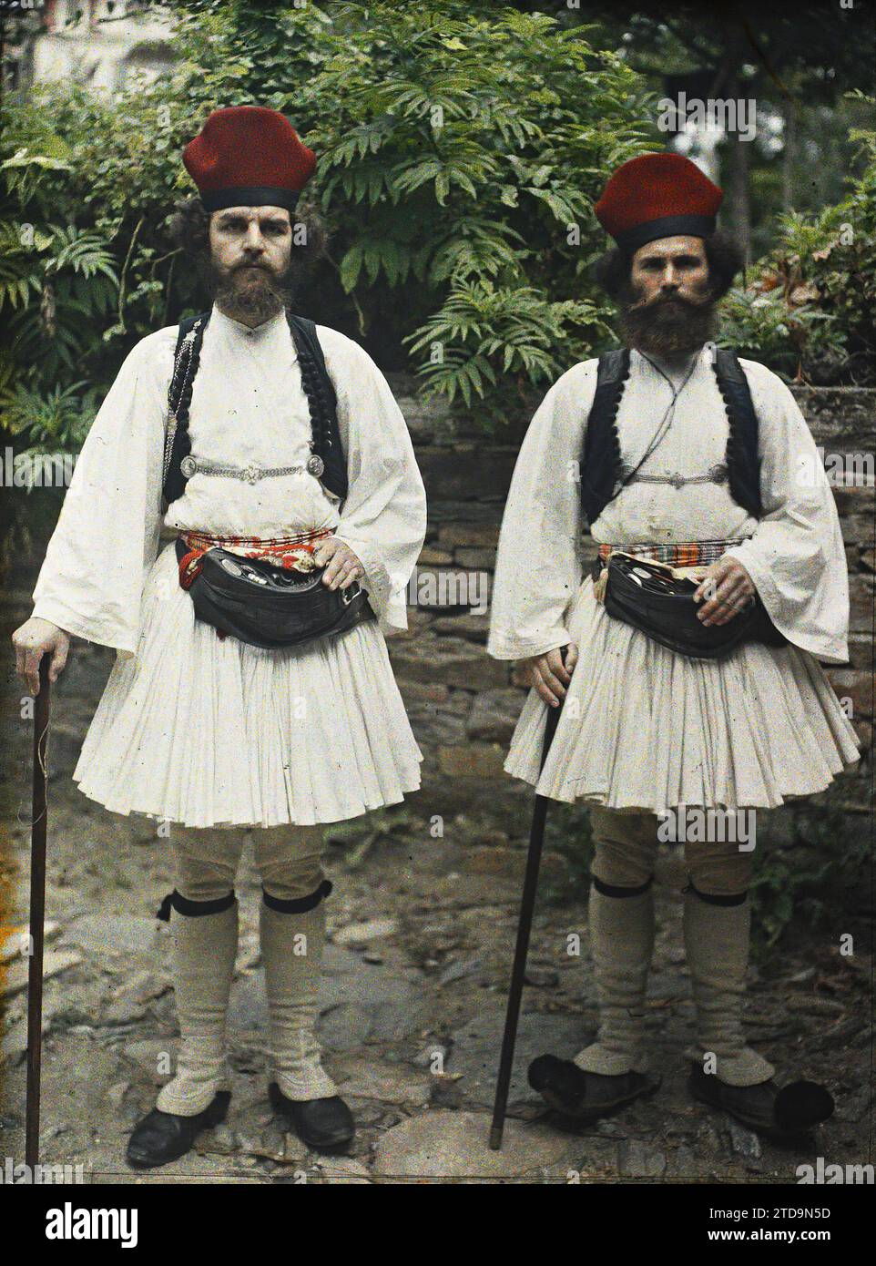 Karyès, Greece Portrait of two gendarmes in traditional clothes ...