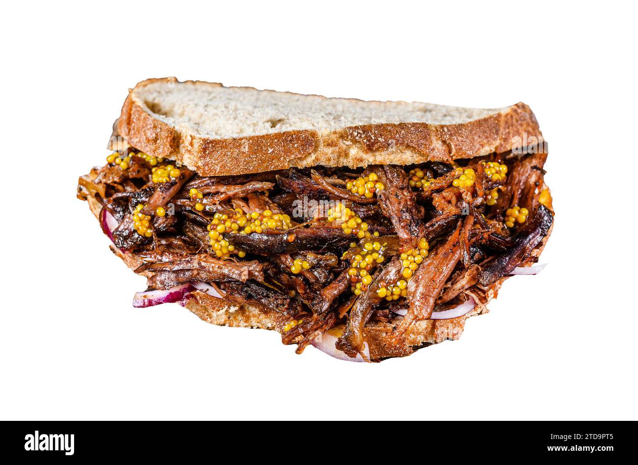 BBQ Texas Sandwich with slow roasted brisket beef meat Isolated on ...