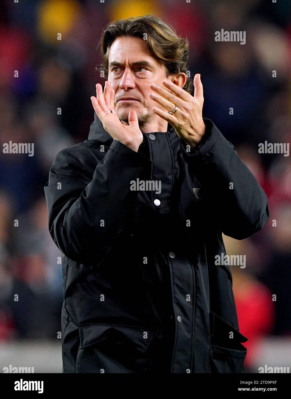 Brentford manager Thomas Frank applauds the fans at the end of the ...