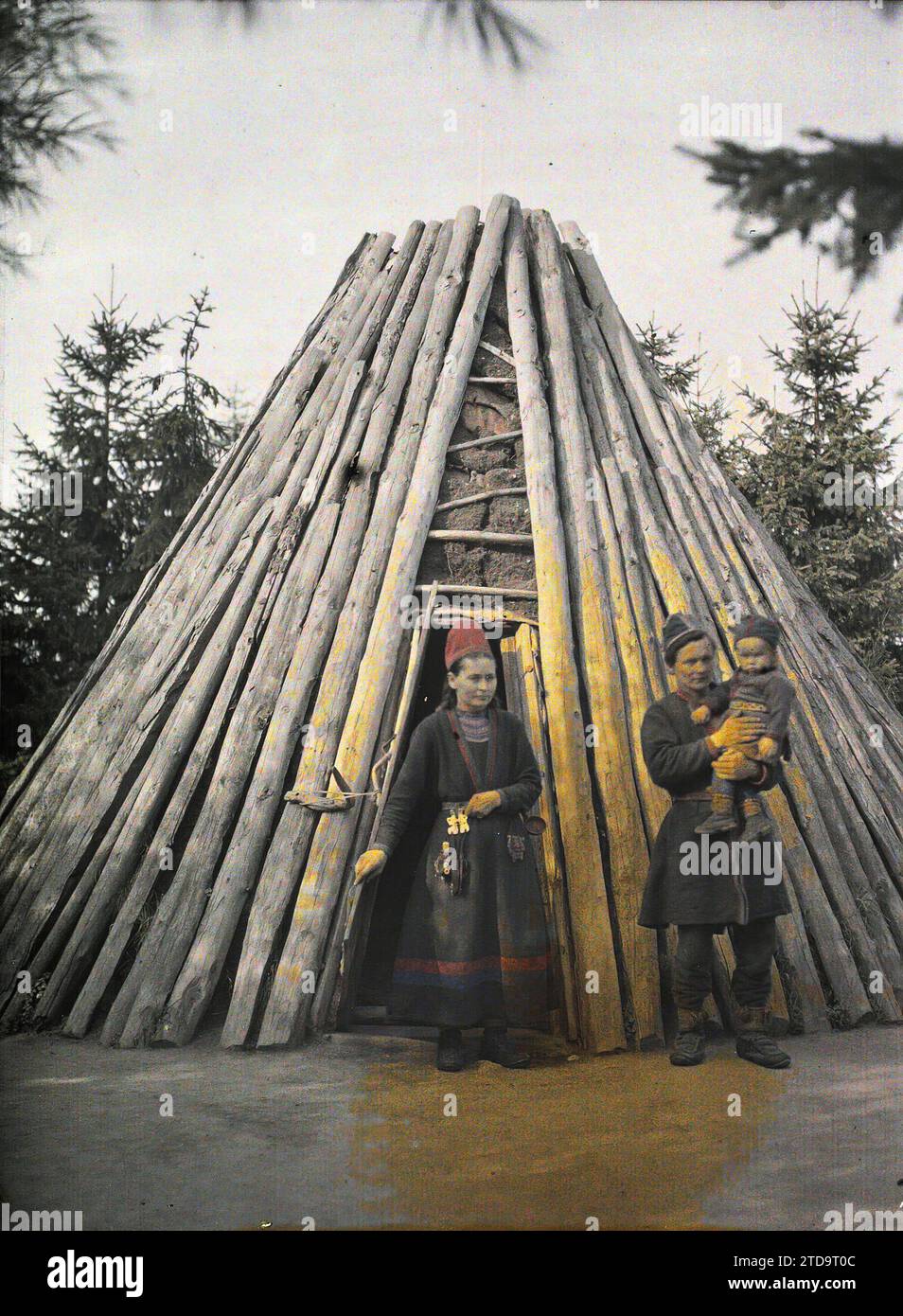 Stockholm, Sweden Sami couple in front of their traditional habitat in ...