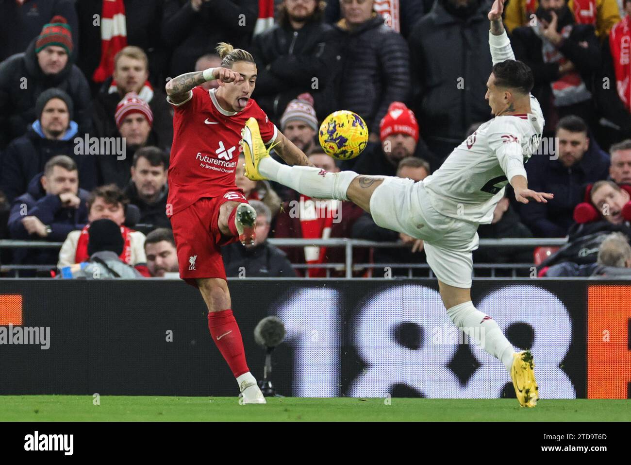 Liverpool, UK. 17th Dec, 2023. Kostas Tsimikas of Liverpool clears from ...