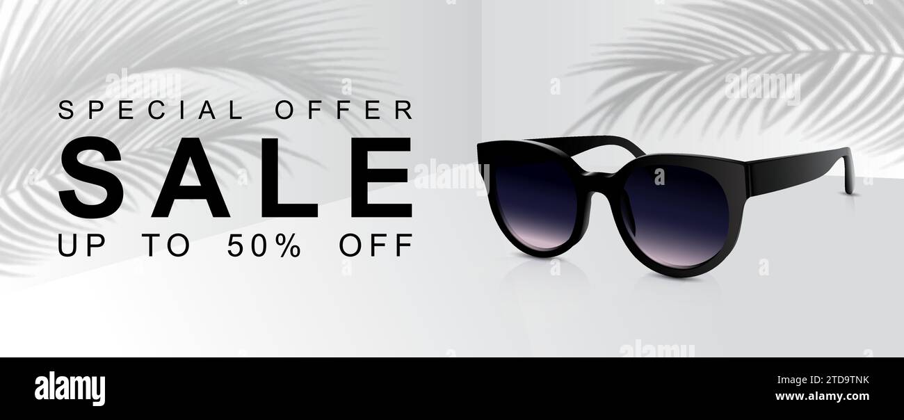 White sunglasses sale banne with tropical plant shadows. Summer sale 50 off. Coupon, voucher ...