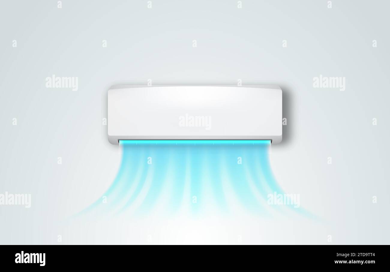 Modern wall mounted air conditioner with flows of cold air. Controlling temperature and climate ...