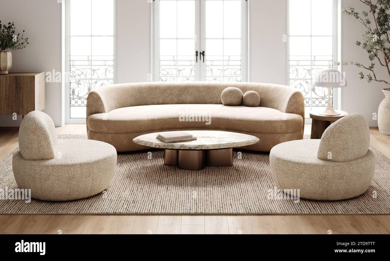 Spacious and airy boho chic living room with curved sofa and natural ...