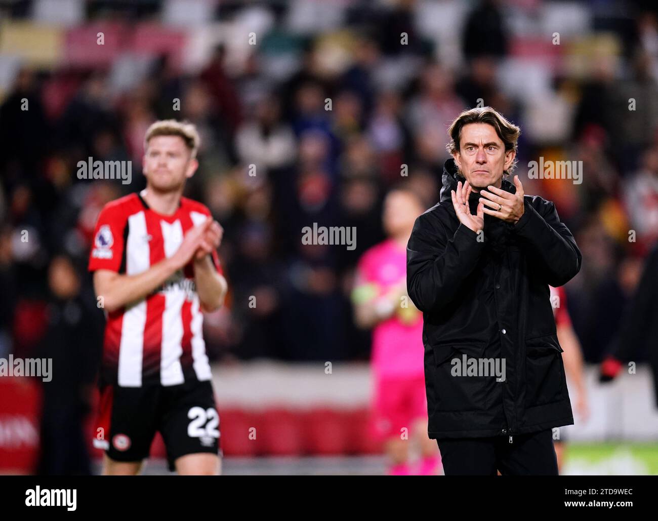 Brentford manager Thomas Frank applauds the fans at the end of the ...