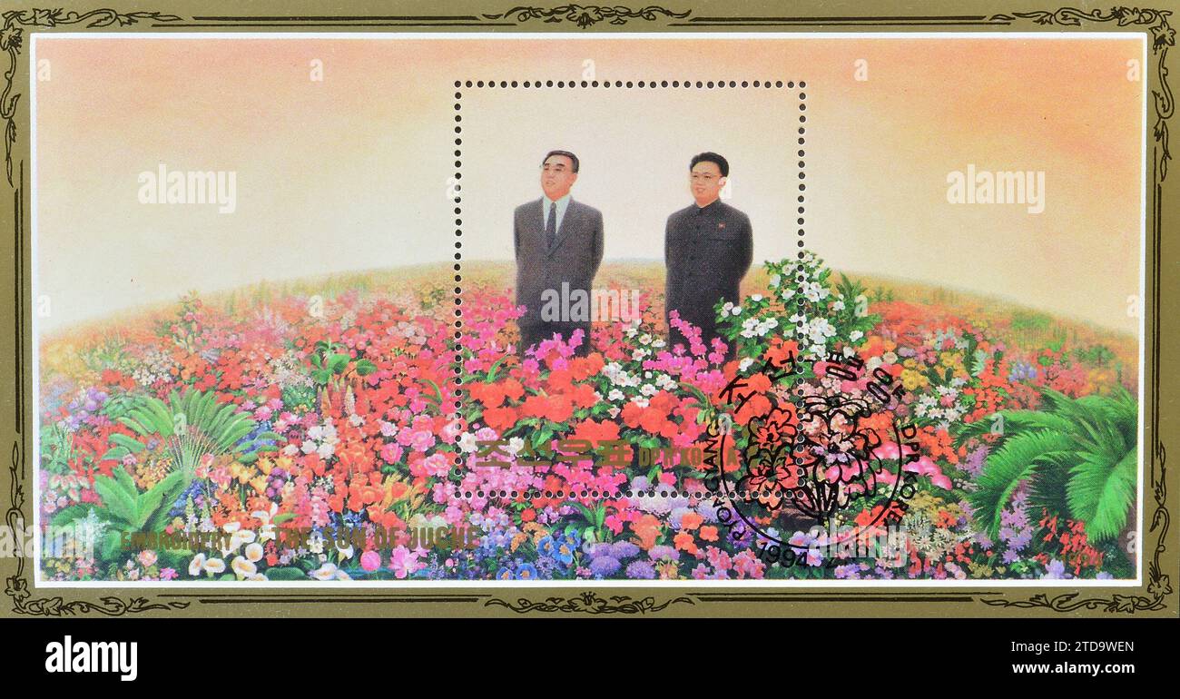Souvenir Sheet with cancelled postage stamp printed by North Korea ...