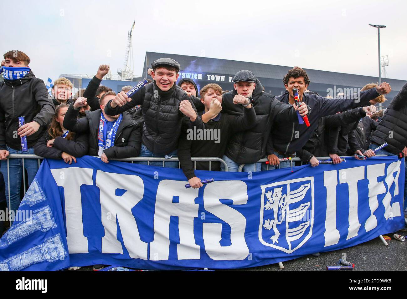 Ipswich, UK. 16th Dec, 2023. Ipswich fans ultras with flares and ...