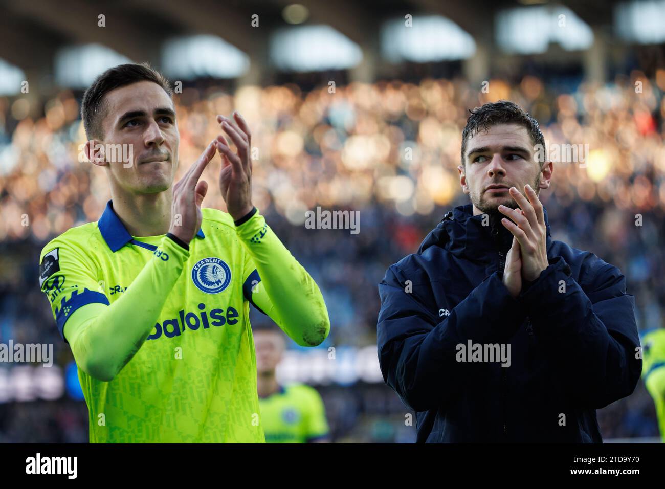 Brugge, Belgium. 17th Dec, 2023. Gent's Julien De Sart and Gent's Hugo Cuypers look dejected ...