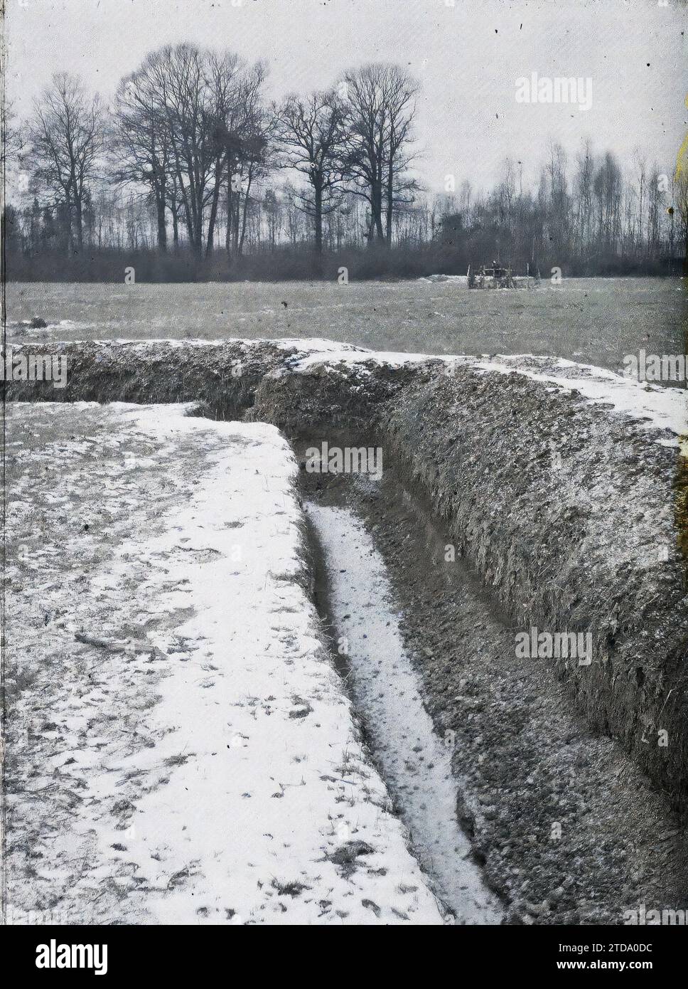 Near Laimont, Meuse, Lorraine, France Trench and layer of ice covered ...