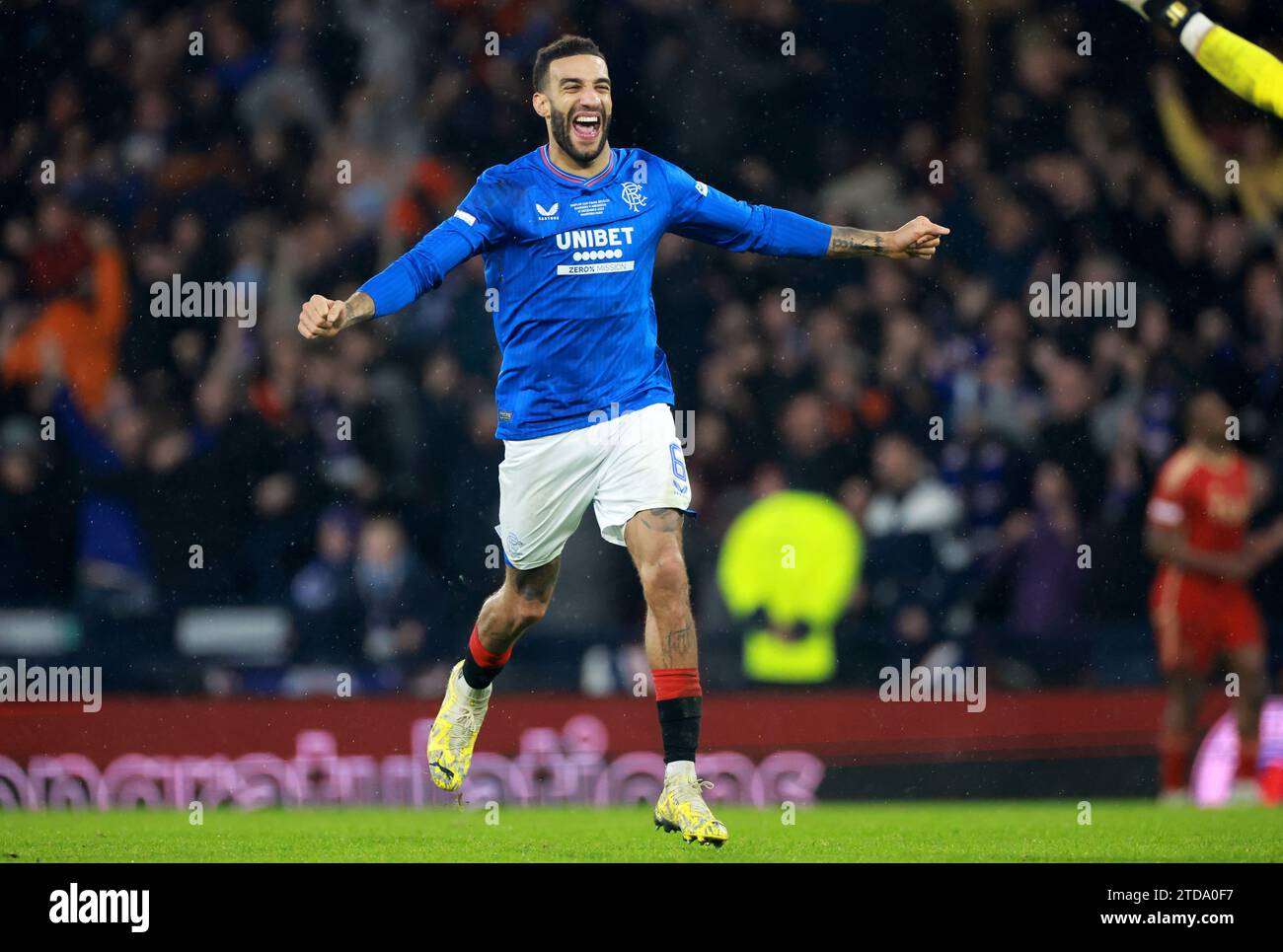 Rangers' Connor Goldson celebrates at the final whistle after the ...