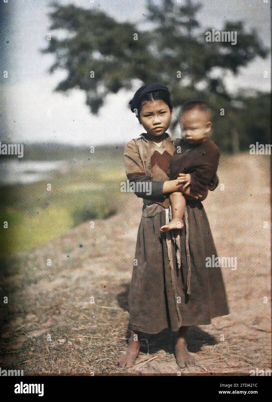 Tonkin, Indochina A little girl carrying a little boy, Clothing, Human ...