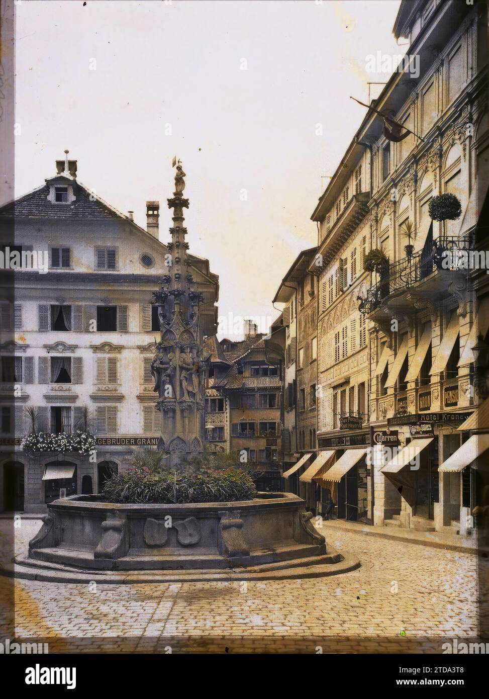 Lucerne, Switzerland The Weinmarkt fountain and the Krone Hotel, Art ...