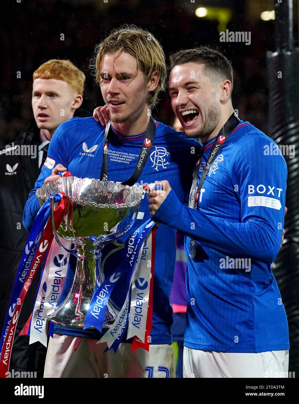 Rangers' Todd Cantwell and Scott Wright celebrate with the trophy after ...