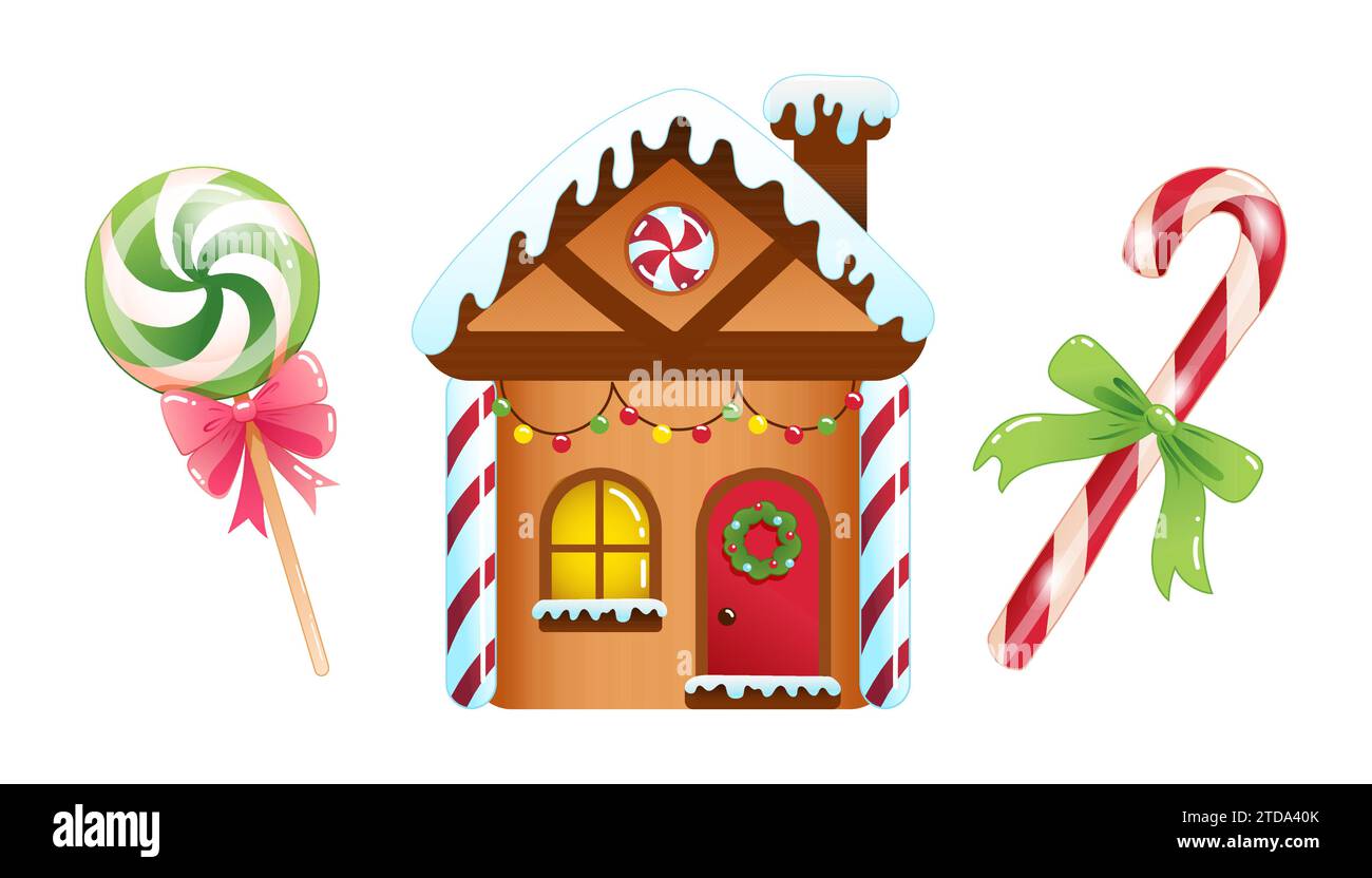 Set of cute Christmas vector illustrations of cartoon gingerbread house ...