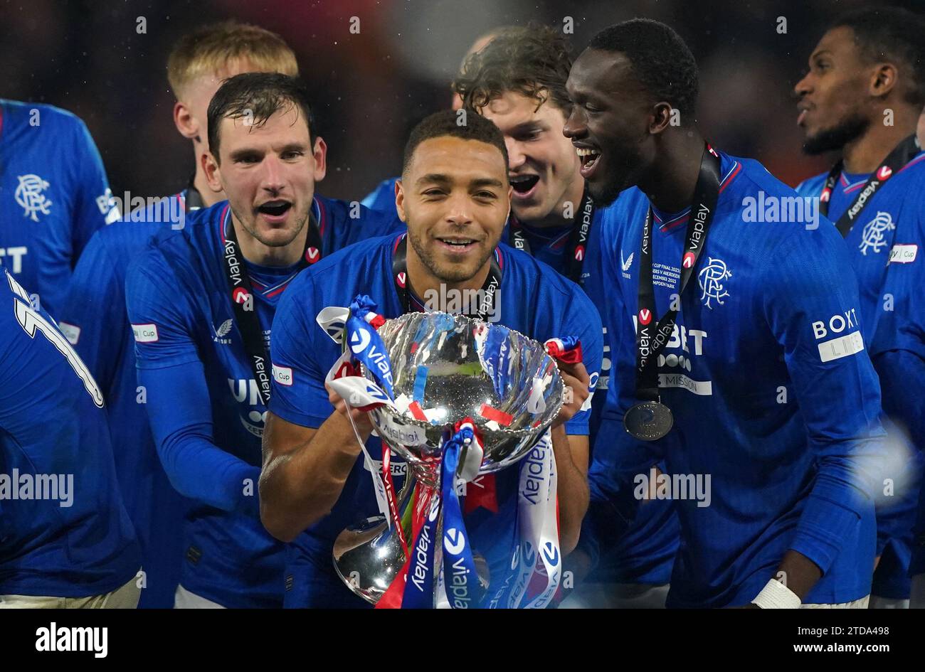 Rangers' Cyriel Dessers celebrates with the trophy after victory ...