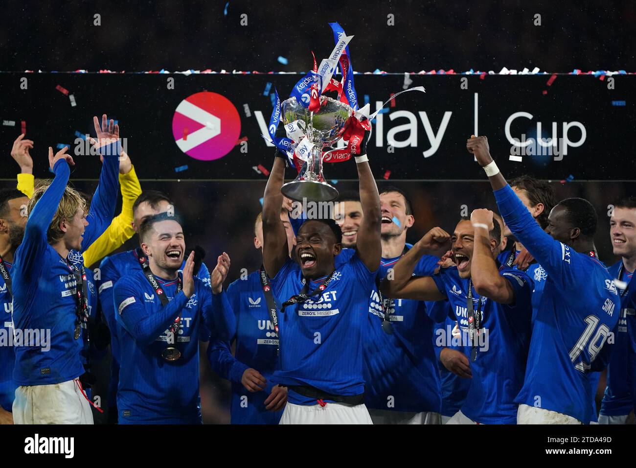 Rangers' Rabbi Matondo celebrates with the trophy after victory against ...