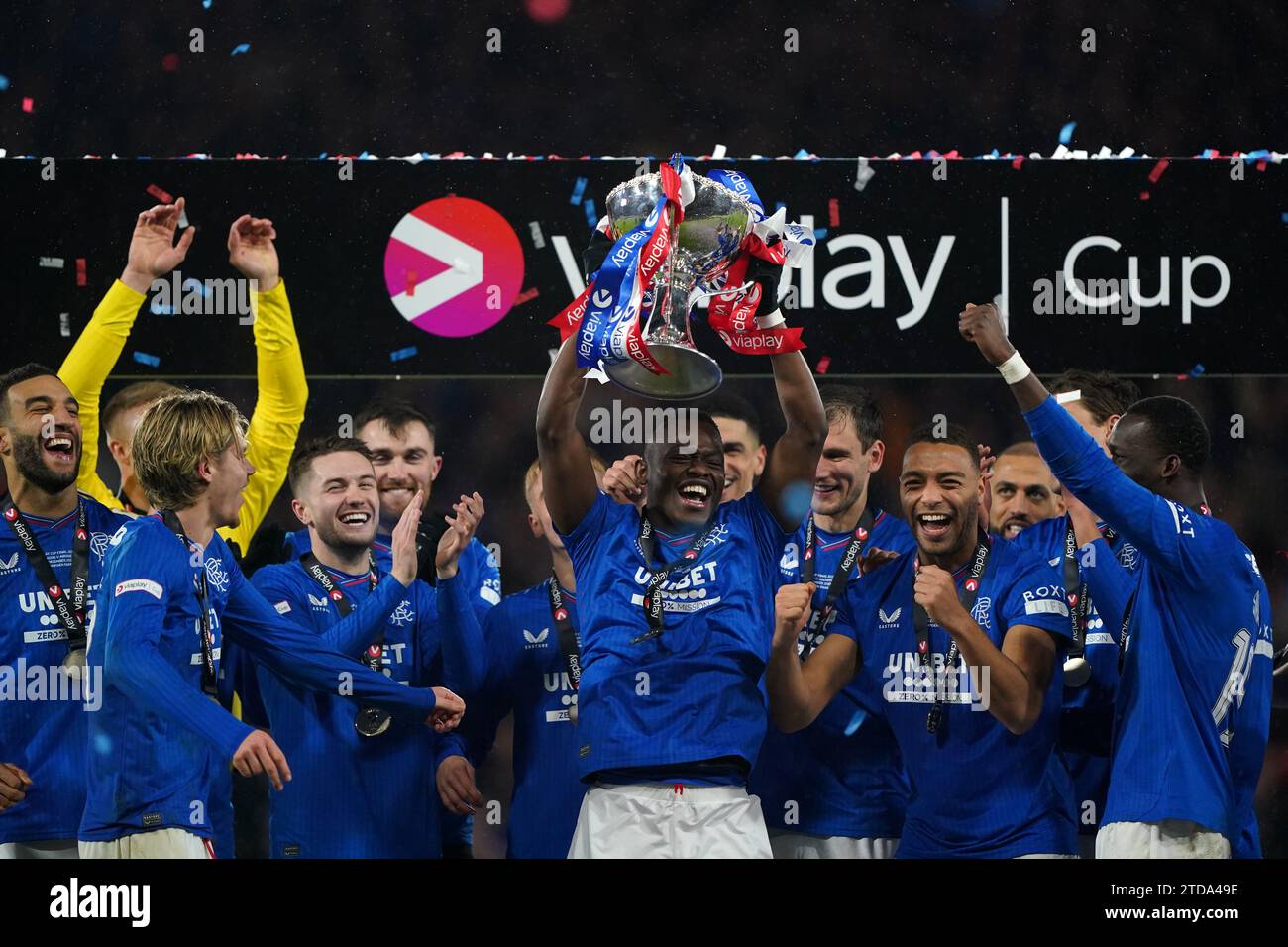 Rangers' Rabbi Matondo celebrates with the trophy after victory against ...