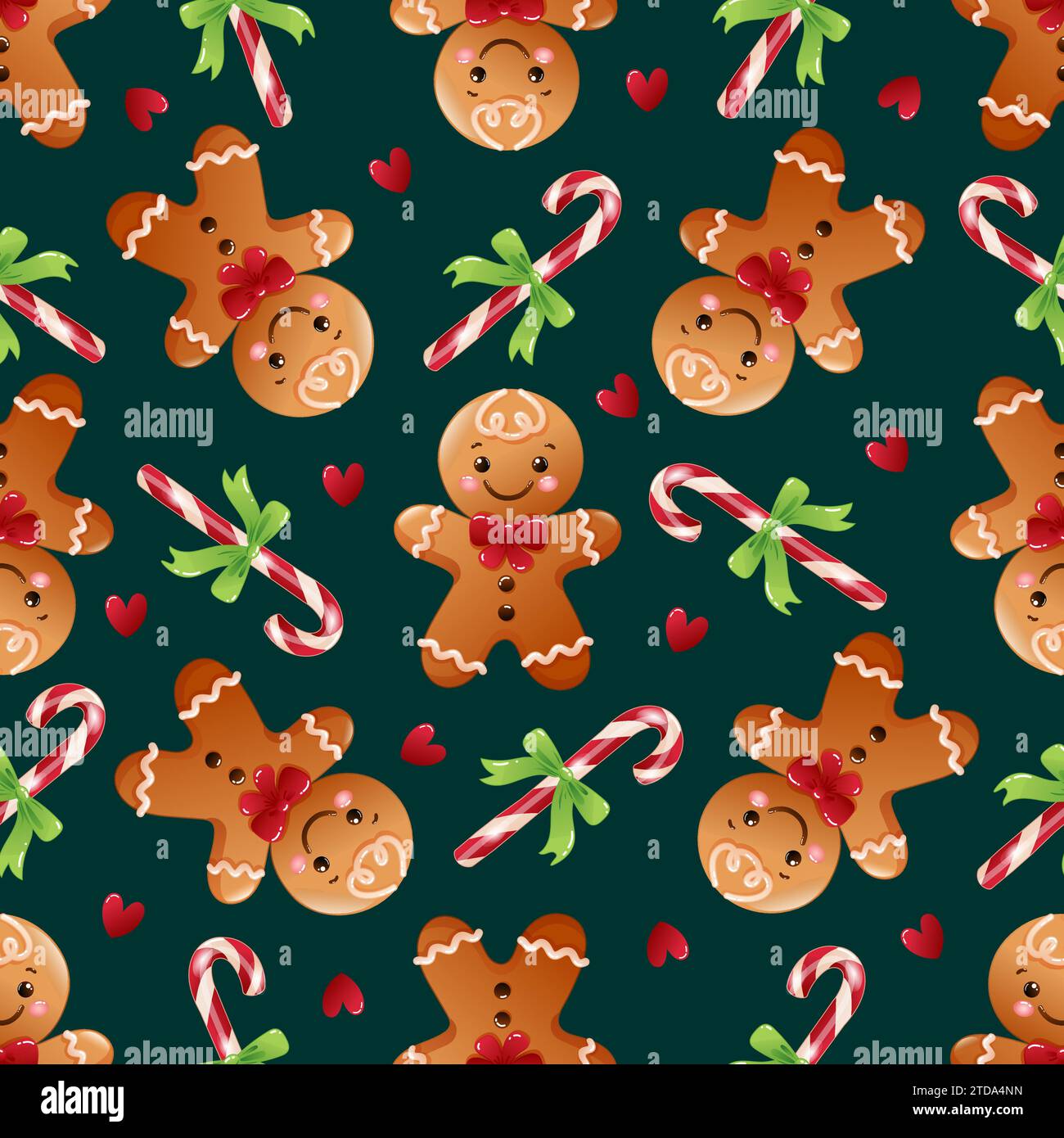 Seamless pattern with cute cartoon Christmas gingerbread men and candy ...