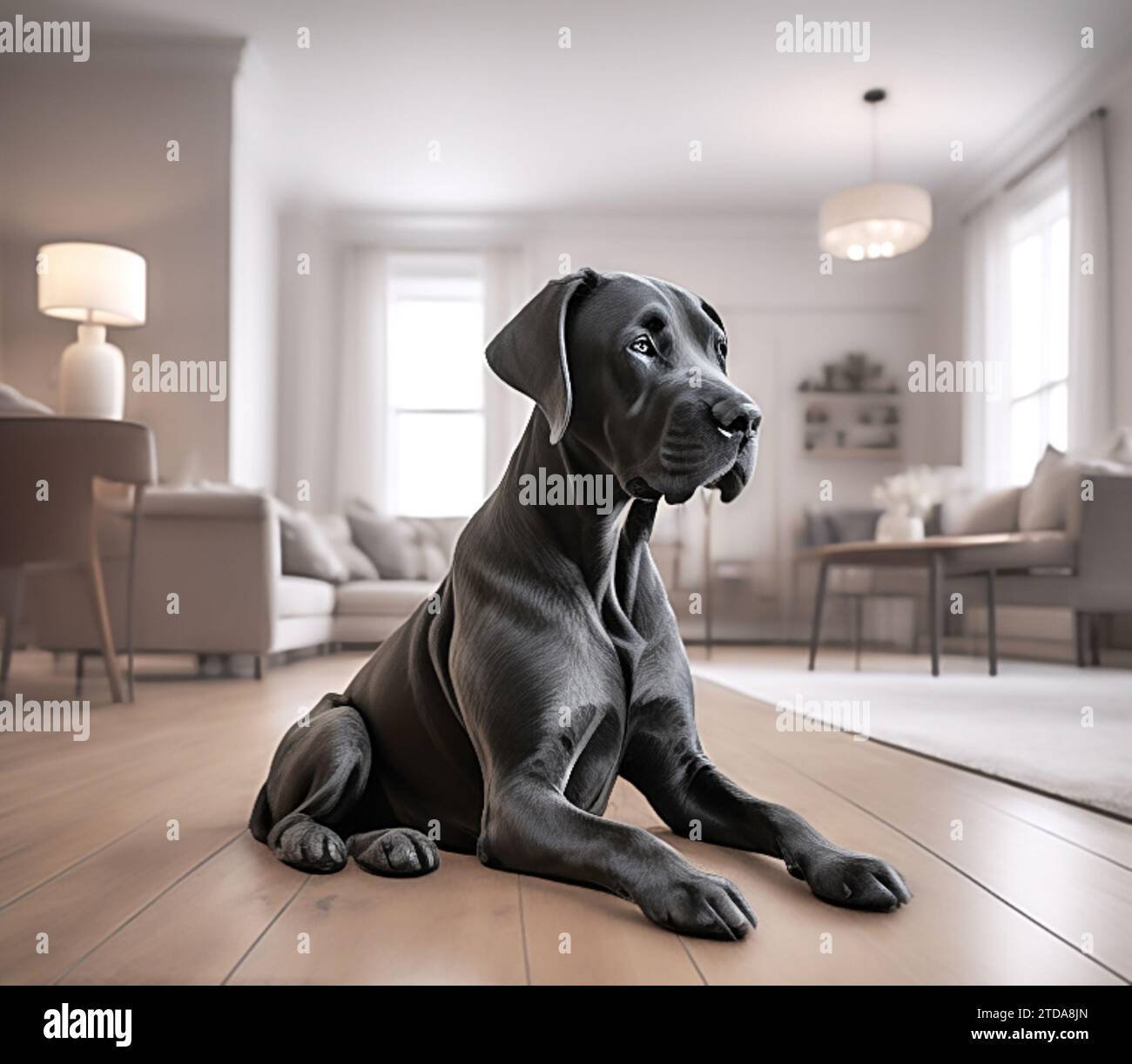 A large black German dog lies calmly in the middle of the living room ...