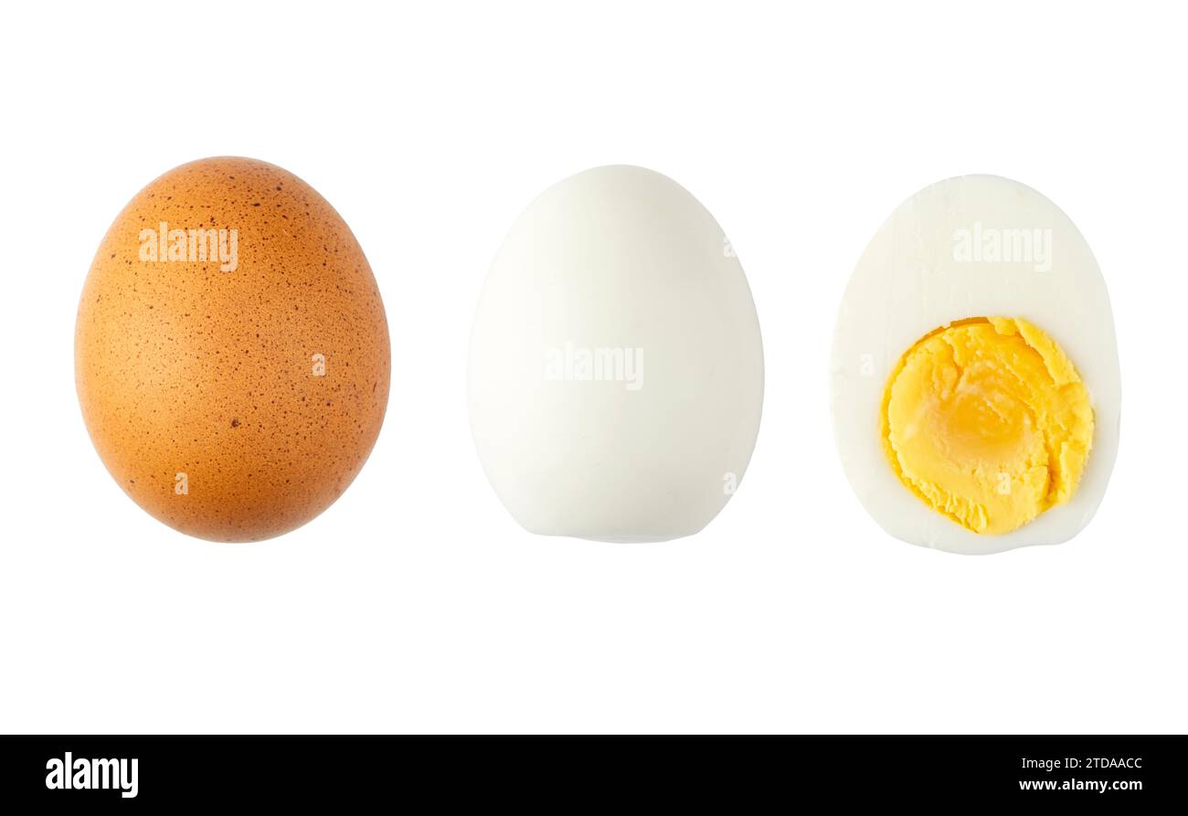 Chicken egg isolated on white background, set of fresh, hard boiled and ...