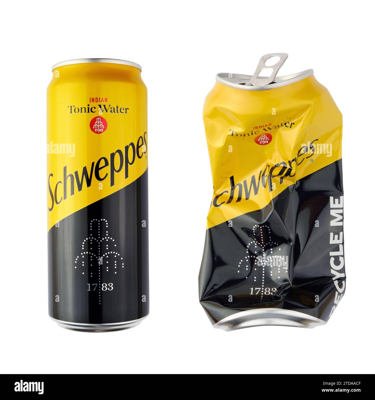 Schweppes tonic water can new and crushed isolated on white background ...