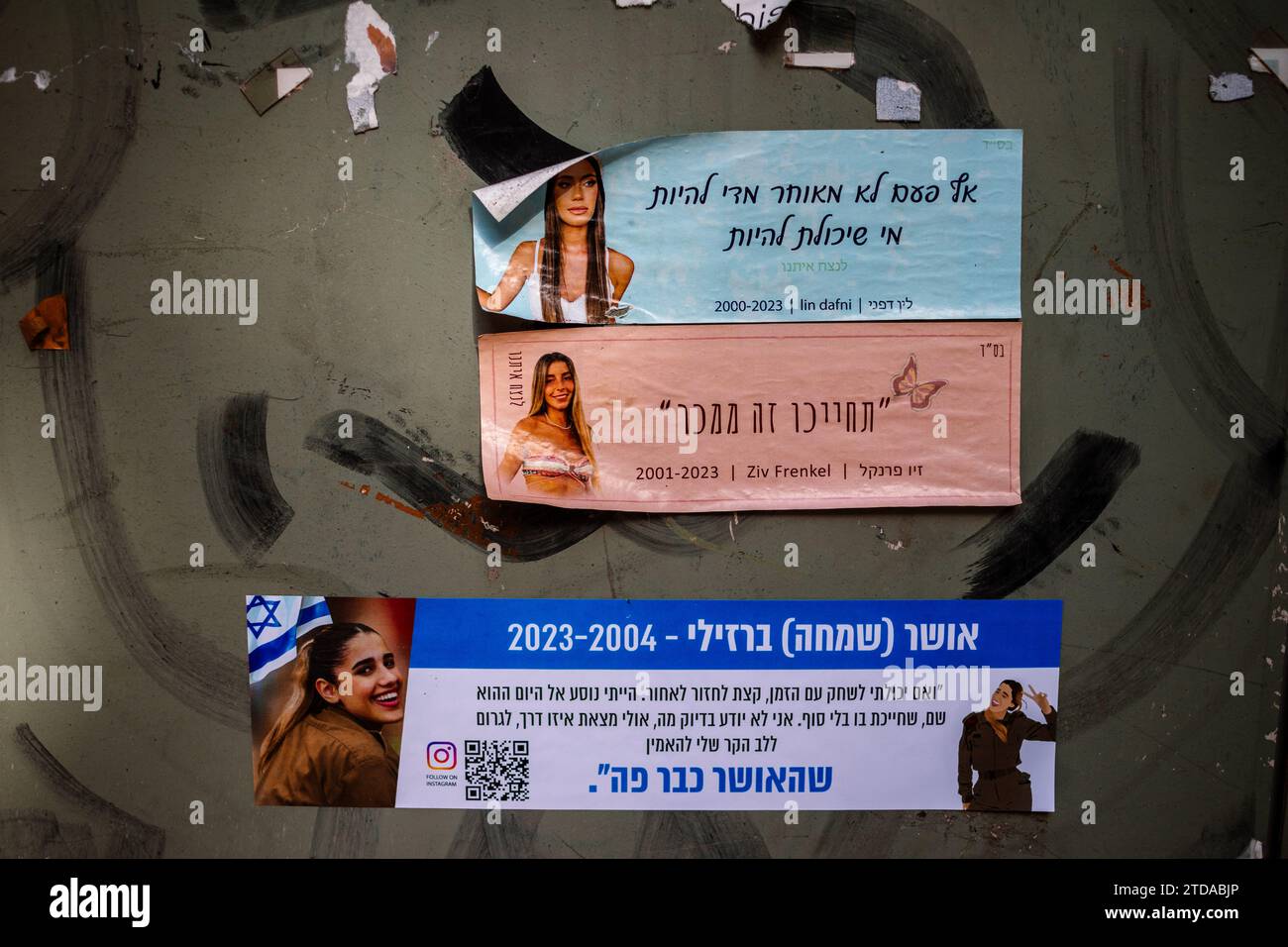 Tel Aviv, Israel - December 16, 2023 Posters of the face of the ...