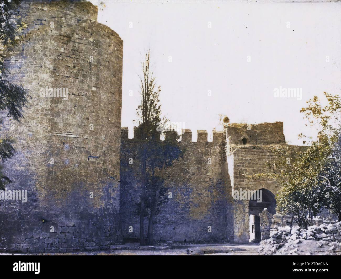 Constantinople (current Istanbul), Turkey Round tower, crenellated wall ...