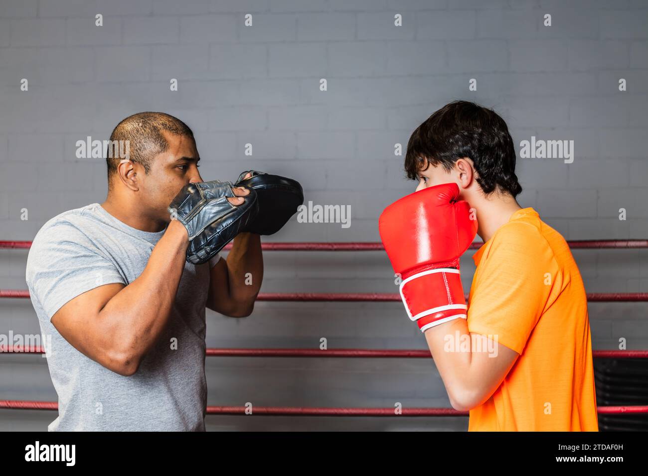 Horizontal photo caucasian teen boy with orange t-shirt and red boxing ...