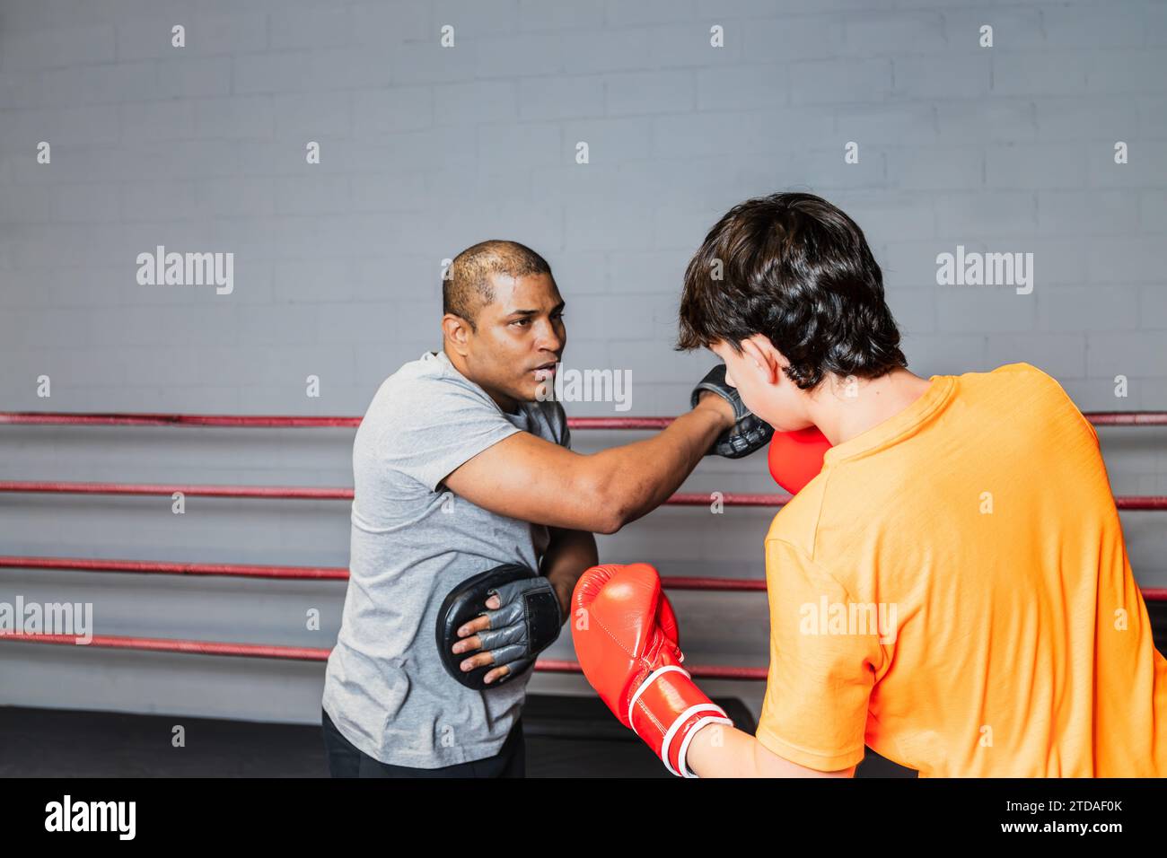 Horizontal photo caucasian teen boy with orange t-shirt and red boxing ...
