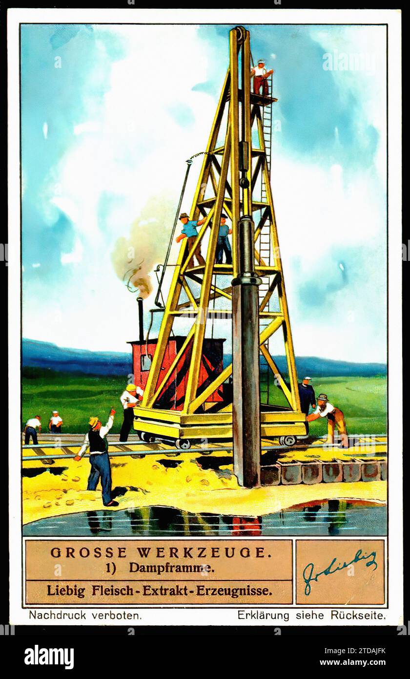Steam Pile-Driver - Vintage Liebig Trade Card Stock Photo - Alamy