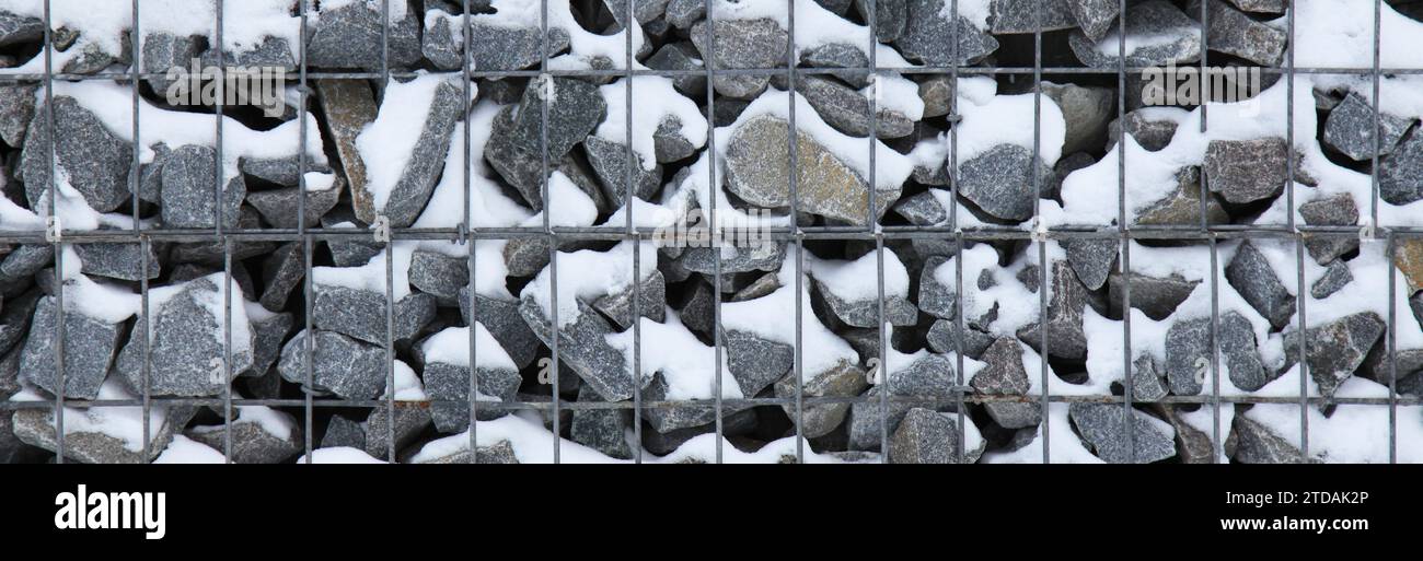 Snowy gabion, texture, background. Fragment of gabion net (design ...