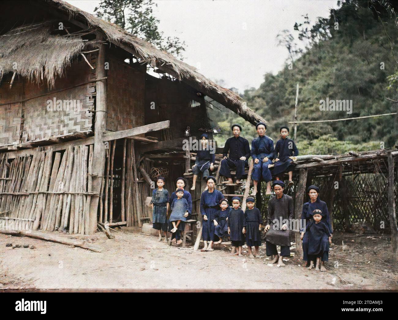 Lung-phai, Tonkin, Indochina Thai (thô) villagers near a house, Human ...
