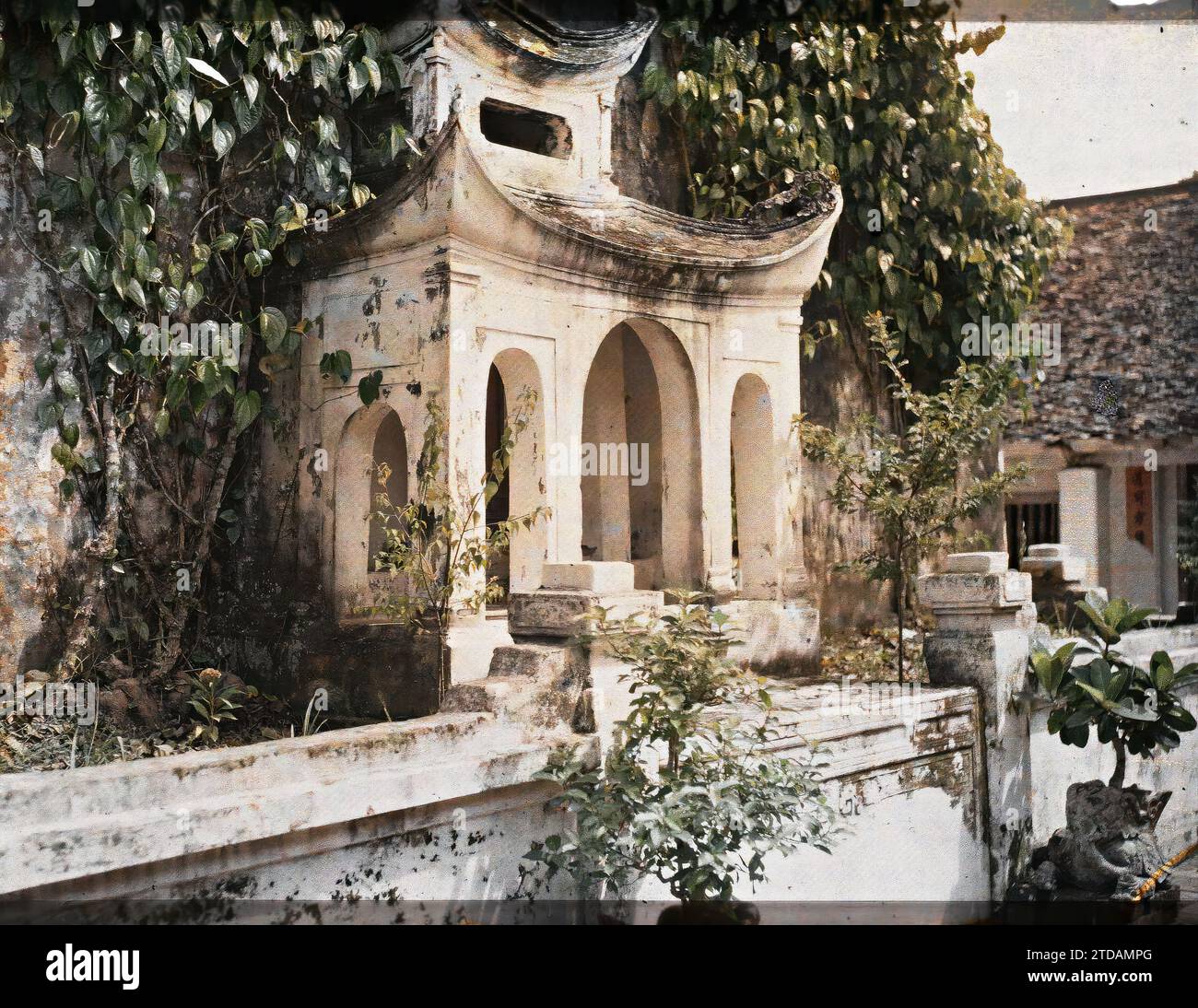 Tonkin, Indochina A small religious building surrounded by betel plants ...