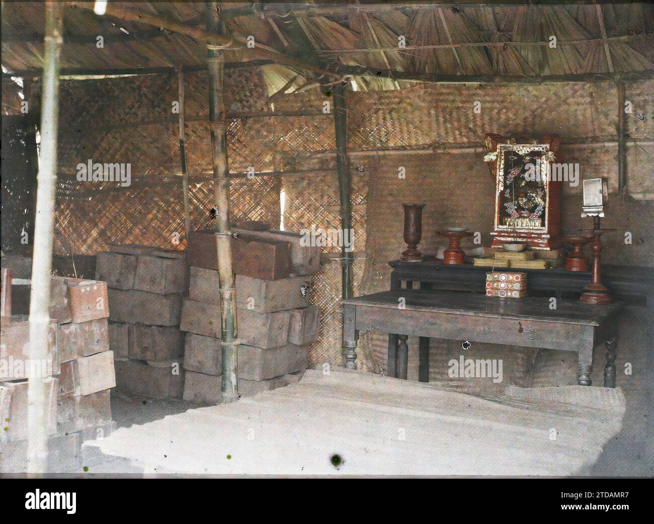 Tonkin, Indochina The interior of the hut temporarily sheltering the ...
